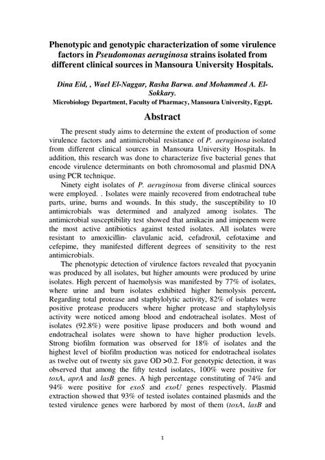 Pdf Phenotypic And Genotypic Characterization Of Some Virulence Factors In Pseudomonas