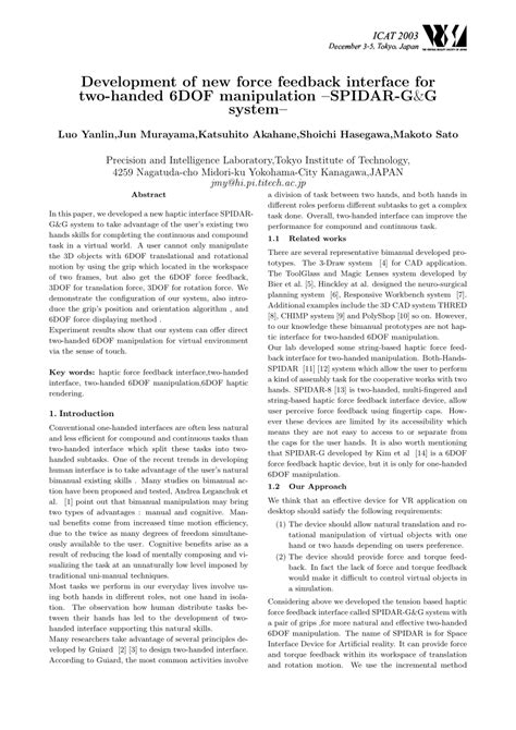 Pdf Development Of New Force Feedback Interface For Two Handed 6dof Manipulation Spidar Gandg