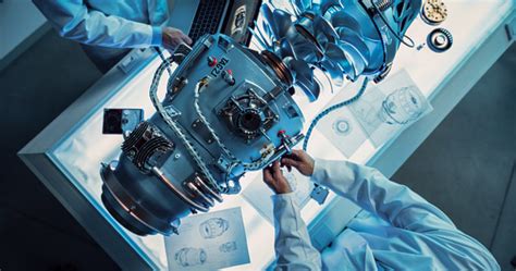 제트 모터 제조 시설에서 작업에 대해 논의하고 이야기하고 랩톱 컴퓨터를 사용하고 청사진을 확인하는 두 엔지니어의 하향식 보기 혁신적인 터빈 엔진을 연구하는 과학자들 바로