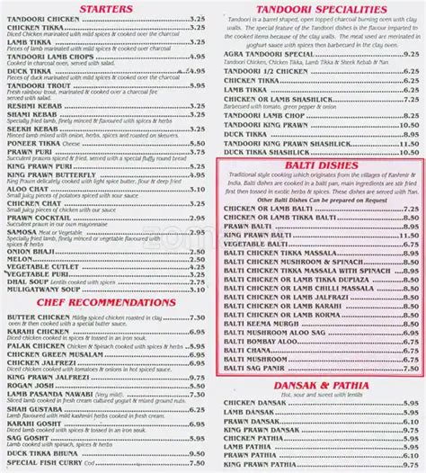 Menu At The Agra Tandoori Restaurant Stanmore 33 Stanmore Hill