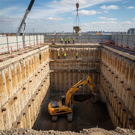 Construction Site With A Deep Excavation Pit Surrounded By Reinforced