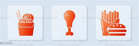 치킨 레그 아시아 국수 종이 상자 젓가락 버거 감자 튀김을 판지 패키지 상자에 놓습니다 흰색 정사각형 버튼 벡터 0명에 대한 스톡 벡터 아트 및 기타 이미지 Istock