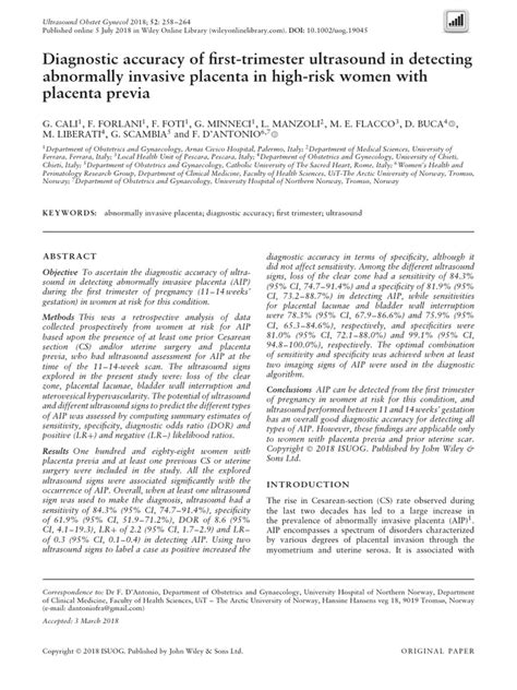 1st Trim Usg X Invasive Placenta In Pp Pts Cali Et Al 2018 Ultrasound In Obstetrics 26