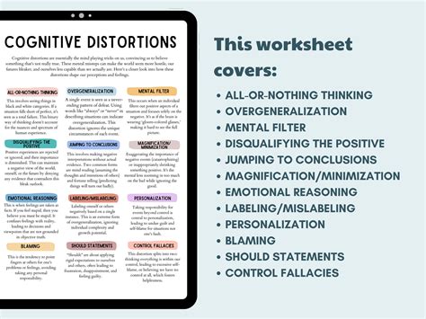 Cognitive Distortions Worksheet Pdf Cbt Therapy Guide Thinking Errors Reframe Automatic