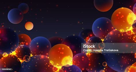 사실적인 어두운 공 흐릿하고 빛나는 부드러운 촉감과 빛나는 입자와 빛이 있는 발광 주황색 공은 파란색의 어두운 추상 배경에 있습니다 벡터 그림입니다 0명에 대한 스톡 벡터