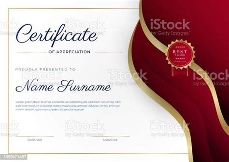 빨간색과 금색의 감사 템플릿 배지 디자인이있는 다목적 인증서 테두리의 고급 인증서 우아한 빨간색과 금색 졸업장 증명서 템플릿 감사장에 대한 스톡 벡터 아트 및 기타 이미지