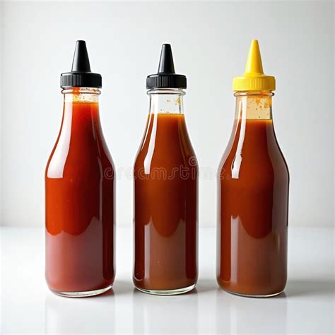 Assorted Sauces In Glass Bottles On White Surface Includes Bbq Soy