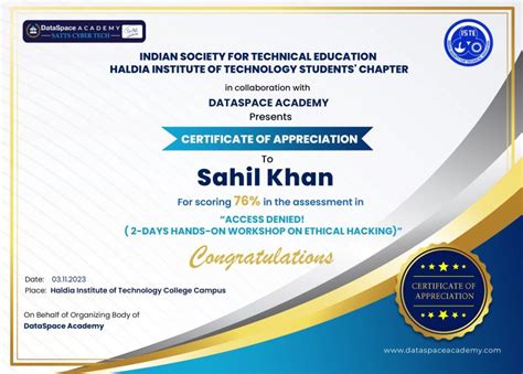 Sahil Khan On Linkedin Appreciation Dataspaceacademy Ethicalhacking