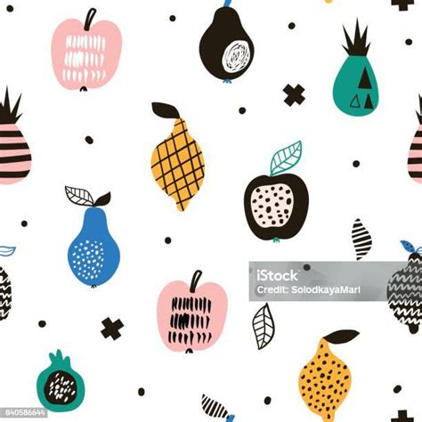 창의적인 현대 과일로 완벽 한 패턴입니다 손으로 그려 유행 배경 직물 및 섬유에 아주 좋아 벡터 일러스트 레이 션 감귤류 과일에 대한 스톡 벡터 아트 및 기타 이미지