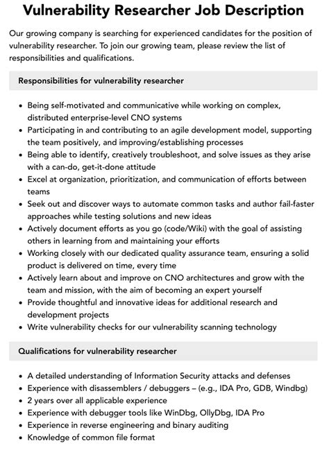 Vulnerability Researcher Job Description Velvet Jobs