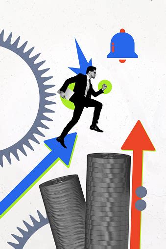 합성물 트렌드 삽화 3d 스케치 이미지 사진 콜라주 젊은이 산책 화살 화살 돈 말뚝 동전 페니 실업가 성공 풍부한 기어 늦은 30 34세에 대한 스톡 사진 및 기타 이미지