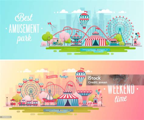 Carousels 롤러 코스터와 공기 풍선 놀이 공원 풍경 배너 관람차에 대한 스톡 벡터 아트 및 기타 이미지 관람차 롤러코스터 Carnival Istock