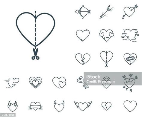 흰색 바탕에 세트에 심장 아이콘을 잘라 얇은 선형 현대 마음 아이콘의 집합입니다 웹 및 모바일 애플 리 케이 션에 사용 하 여 범용 선형 아이콘 가위에 대한 스톡 벡터 아트