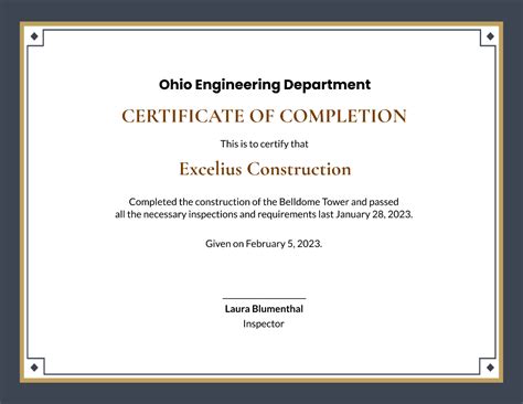 Certificate Of Completion Construction Template