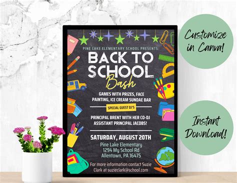 back to school bash flyer with flowers and potted plant on table next to chalkboard