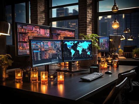 Data Analytics Importance Symbolized By Multiple Screens On Desk Stock