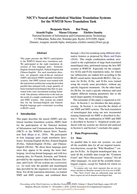 Pdf Nicts Neural And Statistical Machine Translation Systems For The