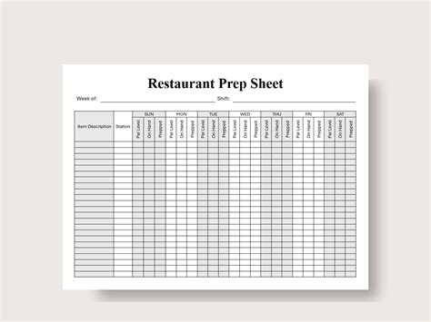 Restaurant Prep Sheet Food Prep Chart Food Prep Sheet Restaurant