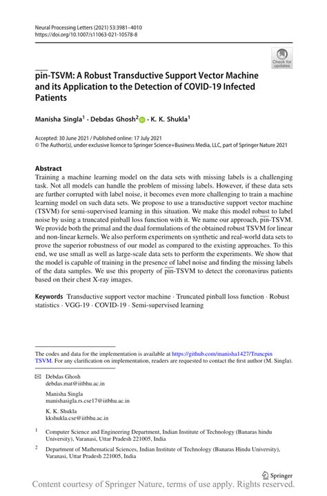 Overline{ Text {pin}} Tsvm A Robust Transductive Support Vector Machine And Its Application