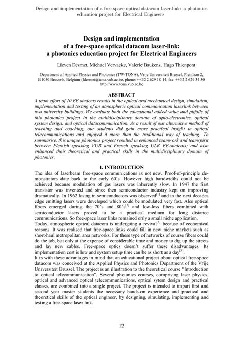 Pdf Design And Implementation Of A Free Space Optical Datacom Laser Link A Photonics