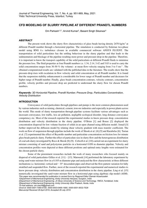Pdf Cfd Modeling Of Slurry Pipeline At Different Prandtl Numbers