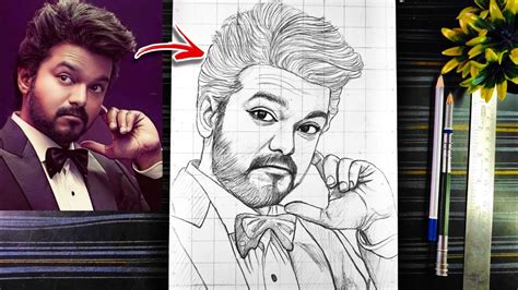 Vijay Thalapathy Drawing Outline How To Draw Actor Vijay Thalapathy With Grid Method Pencil
