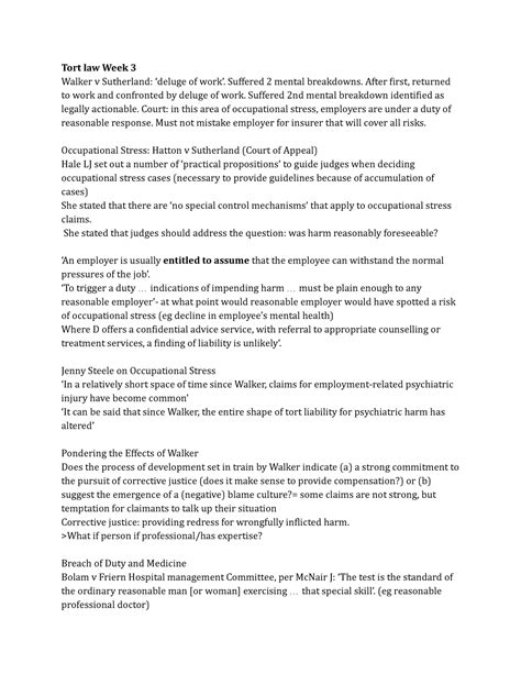 Tort Law Week 3 Tort Law Lecture Notes Tort Law Week 3 Walker V Sutherland Deluge Of Work