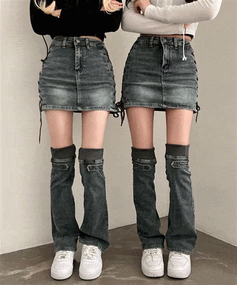 세트가격 힙앤시크 유니크 데님 코르셋 스커트 밴딩 레그워머 세트 에이블리