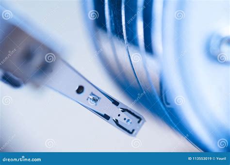 Closeup Inside The Hard Drive Read Write Head Platter Spindle Stock Image Image Of