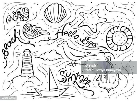 바다 세트 손으로 그린 갈매기 불가사리 조개 닻 구명 부표 게 범선 흰색 배경에 고립 된 등대 뒤로와 흰색 벡터 그림 안녕 바다 인사말 카드 엽서 인쇄 색칠 공부 용 템플릿