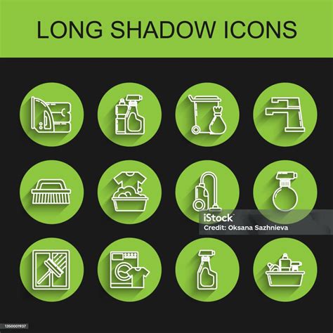 세트 라인 스퀘이지 와이퍼 와셔 및 티셔츠 전기 철 수건 세제 용 액체가있는 청소 스프레이 병 식기 세척용 플라스틱 병 분지 비누 비누 비누 및 진공 청소기 아이콘 벡터 T