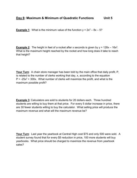 Quadratic Functions Max And Min Worksheet
