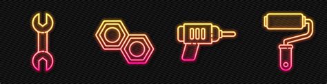 세트 라인 전기 드릴 머신 렌치 스패너 육각형 금속 너트 및 페인트 롤러 브러시 빛나는 네온 아이콘 벡터 드릴에 대한 스톡 벡터 아트 및 기타 이미지 Istock