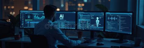 Man Works Late At Night On Ai Software With Multiple Monitors Technology Stock Image Image Of