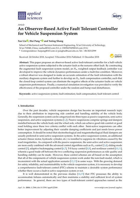 Pdf An Observer Based Active Fault Tolerant Controller For Vehicle Suspension System