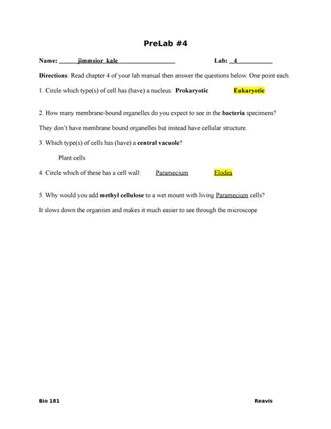 Pre Lab 4 Cells Pre Lab PreLab Name Jimmsior Kale Lab 4 Directions Read Chapter 4 Of Your