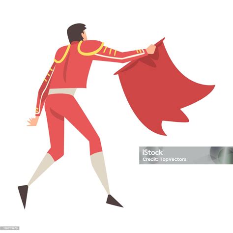 희귀 보기 남자 투우사 빨간 의상을 입고 토레디어 캐릭터 스페인 투우 전통 공연 만화 스타일 벡터 일러스트 독일에 대한 스톡