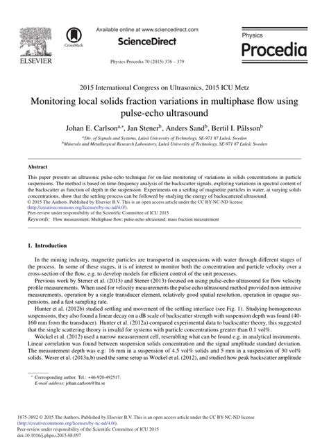 Pdf Monitoring Local Solids Fraction Variations In Multiphase Flow Using Pulse Echo Ultrasound