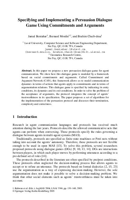 Pdf Specifying And Implementing A Persuasion Dialogue Game Using Commitments And Arguments