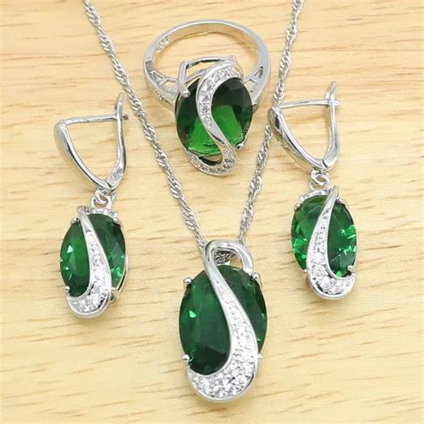 녹색 돌 두바이 실버 컬러 보석 세트 결혼식 웨딩 팔찌 목걸이 반지 생일 선물 이유트렌드