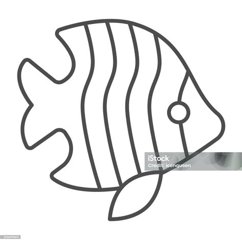 열대어 얇은 선 아이콘 생태 관광 개념 벡터 그래픽입니다 수중 희귀 줄무늬 물고기 흰색 배경에 어업 기호 모바일 또는 웹 디자인을위한 개요 스타일 아이콘 검은색에 대한 스톡