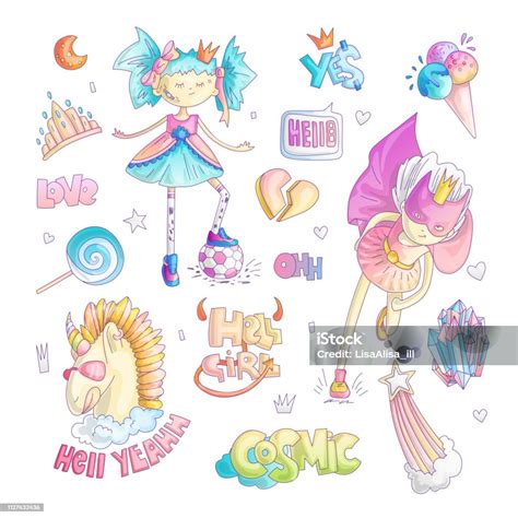 용감한 말괄량이 공주 벡터 만화 세트 공주 마법과 페미니즘 그림 공 공주 슈퍼 히어로 용감한 소녀 그림 십 대 소녀 페미니즘 공주 컬렉션유니콘 티아라 크라운 개체 그룹에