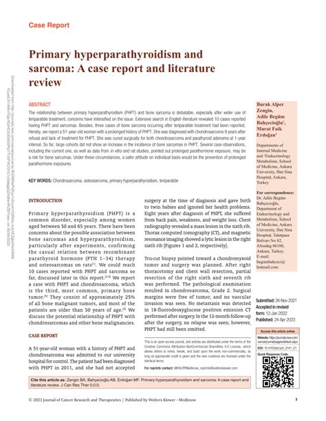 Pdf Primary Hyperparathyroidism And Sarcoma A Case Report And Literature Review