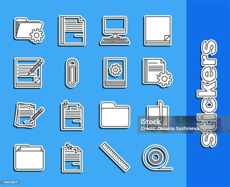 라인 스카치 파일 문서 기어가 있는 문서 설정 컴퓨터 모니터 키보드 종이 클립 빈 노트북 및 연필 지우개 폴더 및 사용 설명서