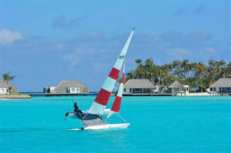 Hobie Cat Catamaran Sailing In The Turquoise Water Of Maldives Editorial Stock Image Image Of
