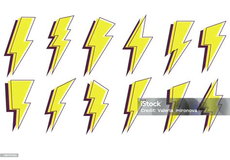 번개 아이콘이 설정됩니다 검은 윤곽이있는 노란색 번개 볼트 세트 기호 에너지와 천둥 전기 플래시 엠블럼 격리 스톡 벡터 일러스트레이션 비상등에 대한 스톡 벡터 아트 및 기타
