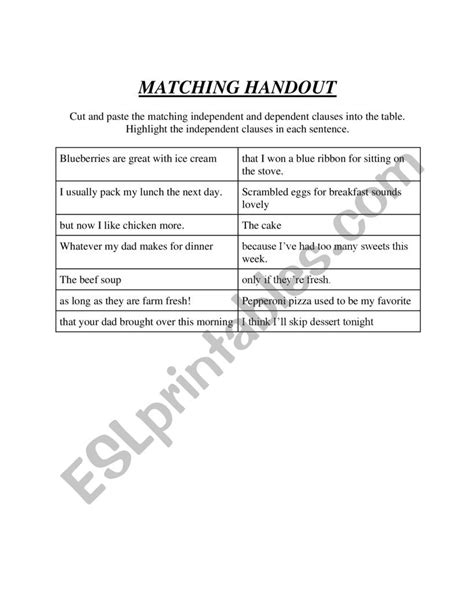 Independent Clausedependent Clause Matching Handout Esl Worksheet By