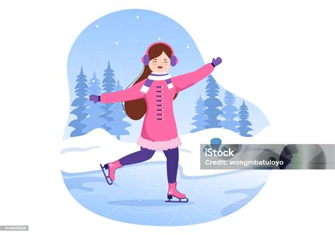 아이스 스케이팅 손으로 그린 만화 계절 겉옷이있는 아이스 링크에서의 겨울 재미 야외 스포츠 활동의 평면 그림 Championship에 대한 스톡 벡터 아트 및 기타 이미지