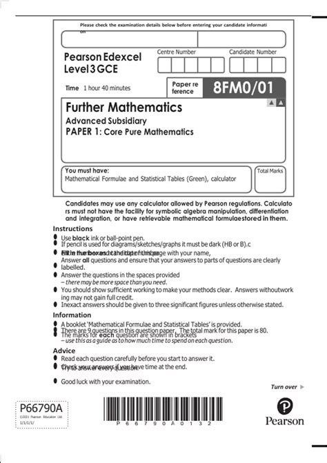 Pearson Edexcel Level 3 Gce Further Mathematics Advanced Subsidiary