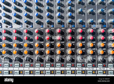 Close Up Photo Of A Professional Sound Mixer With Many Adjustments Knob Switches And Buttons Of